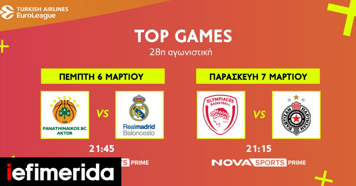 Μπασκετική πανδαισία με Παναθηναϊκός AKTOR-Ρεάλ, Ολυμπιακός-Παρτίζαν και κλήρωση EuroBasket ...