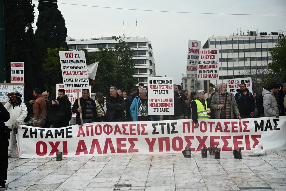 Έστησαν κυψέλες έξω από τη Βουλή οι μελισσοκόμοι, άναψαν τα καπνιστήρια ...